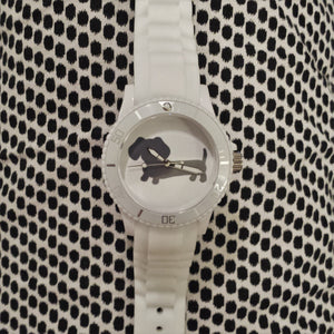 White Silicone Wiener Dog Watch with a Gray Dachshund