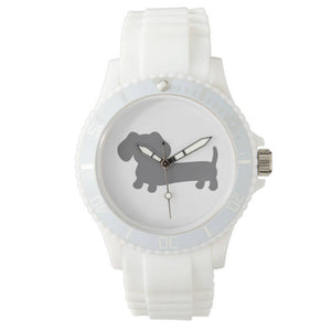 White Silicone Wiener Dog Watch with a Gray Dachshund
